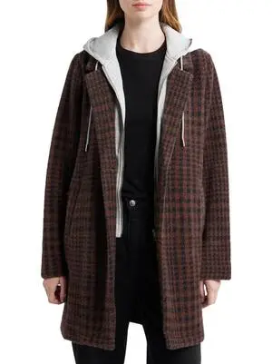 THREAD & SUPPLY Plaid Coat With Removable Bib Hoodie - Brown Black Plaid