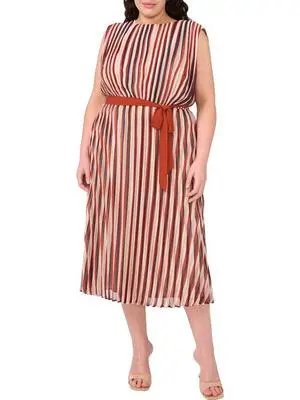 HALOGEN Brandy Street Stripe Pleated Belted Midi Dress