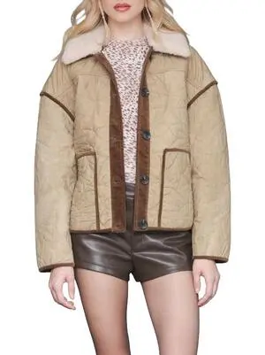 Avec Les Filles Floral Quilted Jacket With Faux-shearling Collar - Vintage Khaki