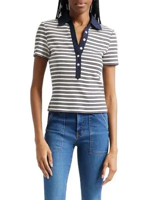 Veronica Beard Kearney Stripe Rib Stretch Cotton Polo - Ecru/navy