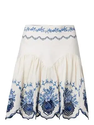 Agua Bendita Acai Embroidered Floral Linen Miniskirt - Beige