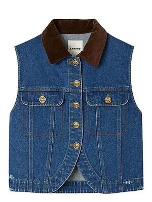 Sandro Contrast-collar Sleeveless Denim Jacket - Blue Jean