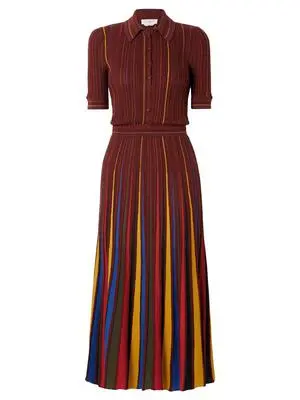 Gabriela Hearst Calypso Ribbed Striped Merino Wool Midi Dress - Burgundy