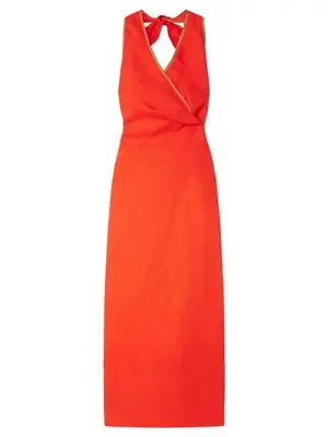 SIR. Panettone Wrap-effect Linen Halterneck Midi Dress - Orange