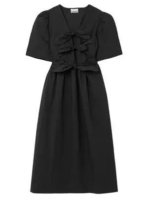 GANNI Belted Bow-embellished Stretch-cotton Poplin Midi Dress - Black