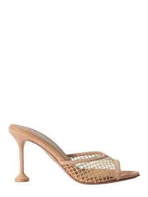 AQUAZZURA Bisous 85 Suede-trimmed Fishnet Mules - Neutrals