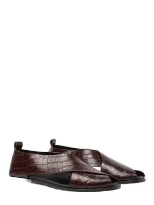 SCAROSSO Eros Woven Flat Sandals - Dark Brown - Croco-print Calf
