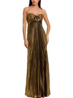 Mac Duggal Metallic Pleated Gown With Floral Detail - Antique Gold