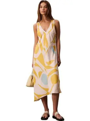 Calvin Klein Printed V-neck Midi Dress - Yellow Print