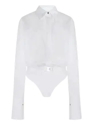 Brandon Maxwell Bradshaw Belted Shirt Bodysuit - White