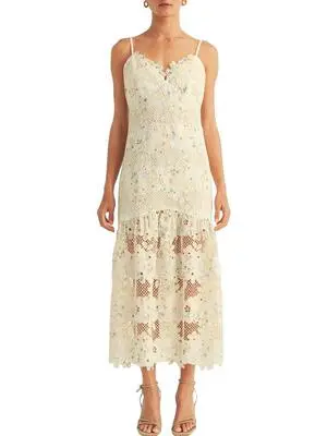 AROSE STUDIO Sabrina Floral Lace Midi Dress - Cream