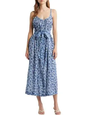 DÔEN Nevita Belted Organic Cotton Voile Midi Dress - Bleu Soleil Fleurit