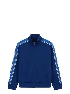 Emporio Armani Double-jersey Full-zip Sweatshirt With Logo Stripe - Blue