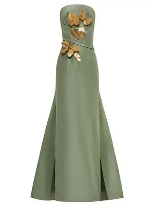 Oscar De La Renta Leaf Embroidered Faille Gown - Gold