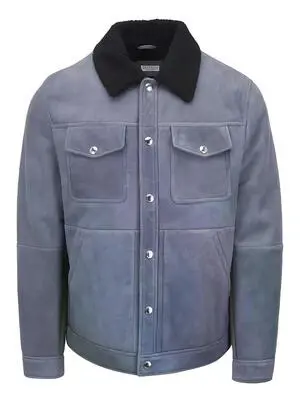 Brunello Cucinelli Shearling-collar Leather Jacket - Blue