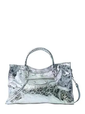 Balenciaga Crinkled Leather Studded Tote Bag - Silver