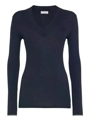 Brunello Cucinelli V-neck Ribbed Sweatshirt - Blue