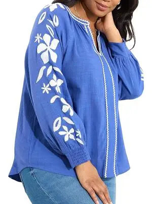 LIVE UNLIMITED Embroidered Relaxed Blouse - Medium Blue