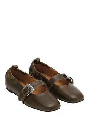 GANNI Buckle Strap Ballerinas - Dark Olive
