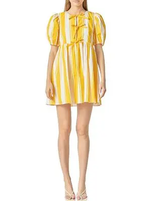 English Factory Striped Cotton Mini Dress - Yellow/white
