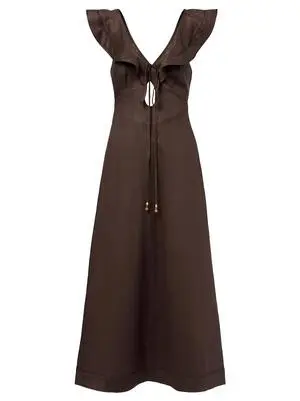 Zimmermann Rhiannon Ruffled Linen Midi Dress - Brown