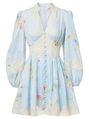 Zimmermann Lucky Lace Floral Linen Minidress - Blue