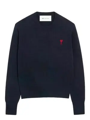 Ami Merino Wool Crewneck Sweater With Embroidered De Coeur - Blue