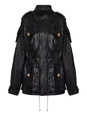 Balmain Diamond-stitched Leather Parka Coat - Black