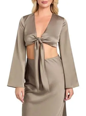 MARCIANO Monica Tie-front Satin Crop Top - Buff Taupe