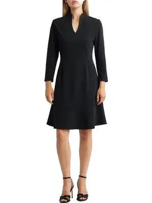Ming Wang Long Sleeve Stretch Crepe Fit & Flare Dress - Black