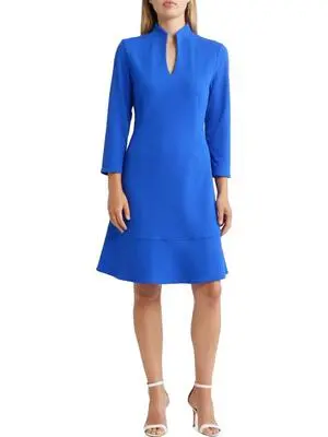 Ming Wang Long Sleeve Stretch Crepe Fit & Flare Dress - Sapphire Sea