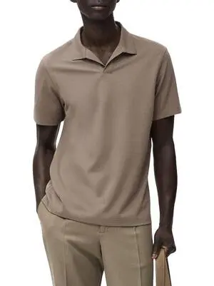 Mango Solid Johnny Collar Cotton Blend Piqué Polo Brown