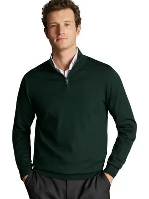 CHARLES TYRWHITT Merino Wool Zip Neck Sweater - Forest Green