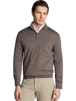 CHARLES TYRWHITT Merino Wool Zip Neck Sweater - Mocha