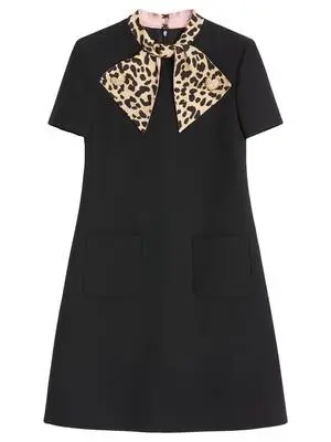 Valentino Garavani Wool-silk Mini Dress With Leopard-print Tie - Black