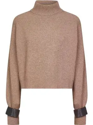 Brunello Cucinelli High-neck Embellished-cuff Sweater - Brown