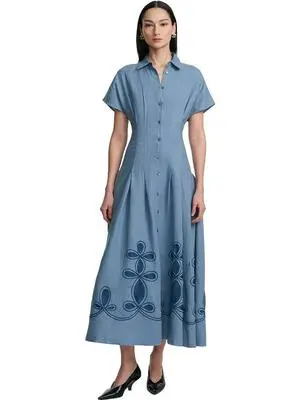 Lela Rose Linen Shirtdress With Embroidery And Seam Detail - Blue