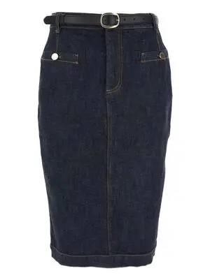 SELF-PORTRAIT Midi Denim Skirt With Leather Belt