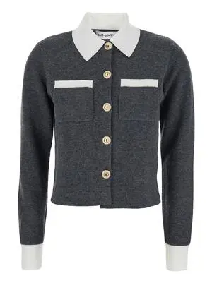 SELF-PORTRAIT Cropped Cardigan With Contrasting Collar - Grey