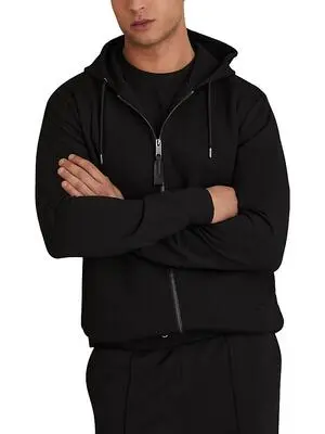 REISS Malvern Interlock Zip Front Hoodie - Black