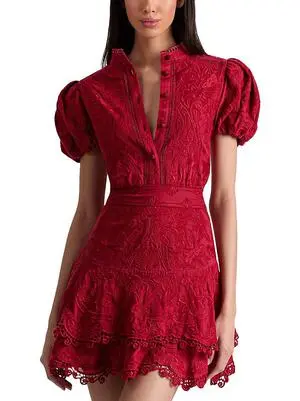Alice + Olivia Loryn Embroidered Short Sleeve Dress - Dark Cherry
