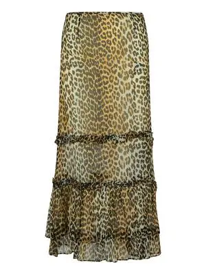 GANNI Viscose Chiffon Leopard Print Long Skirt - Multicolor