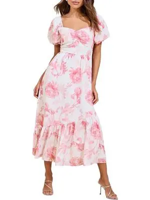LIPSY Floral Print Puff Sleeve Midi Dress - Pink