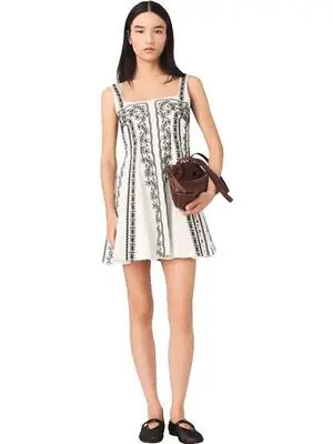 Maje Short Embroidered Linen Dress - Ecru /black