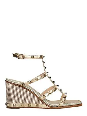 Valentino Garavani Rockstud 80 Metallic-leather Wedge Sandals - Beige