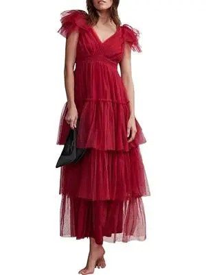 Mint Velvet Tulle Ruffle Maxi Dress - Red