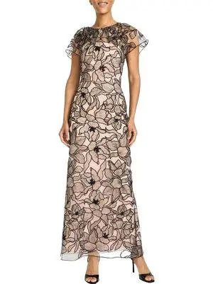 Maggy London Floral Illusion Mesh Gown - Black/white