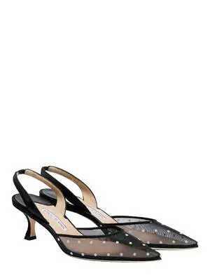 Manolo Blahnik Carolyne 50 Polka-dot Mesh Slingback Pumps - Black