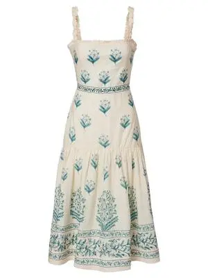 Agua Bendita Nispero Ceiba Floral Linen Midi Dress - Beige