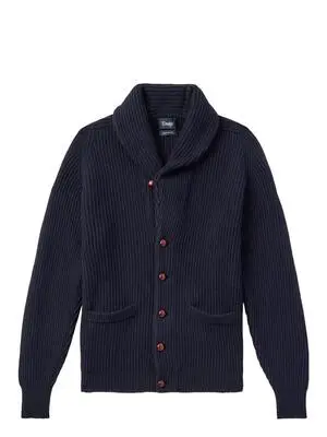 DRAKE'S Shawl-collar Ribbed Wool Cardigan - Blue